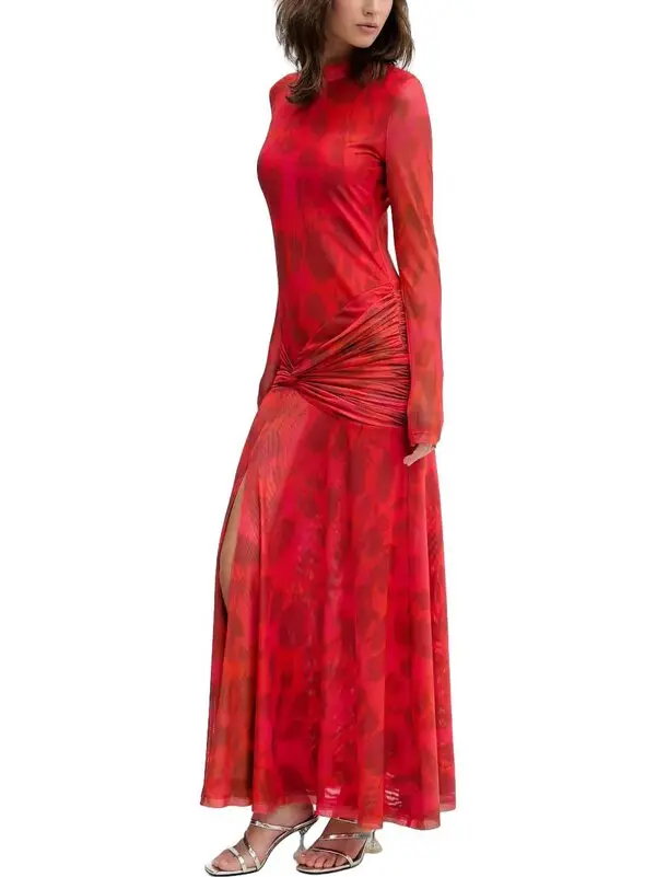 Bardot Long Sleeve Floral Print Knot Detail Maxi Dress - Red