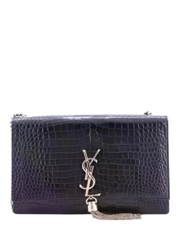 Saint Laurent Monogram Tassel Crocodile Embossed Leather Medium Crossbody Bag - Black