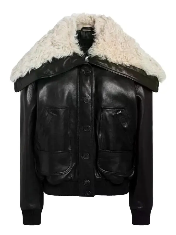 Attico Shearling Collar Leather Bomber Jacket - Black