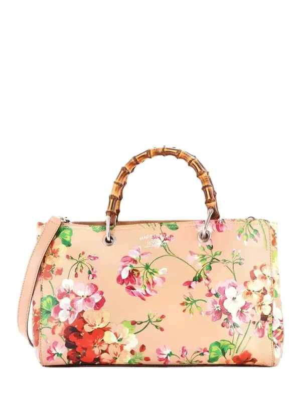 Gucci Bamboo Shopper Blooms Print Leather Medium Tote Bag - Pink