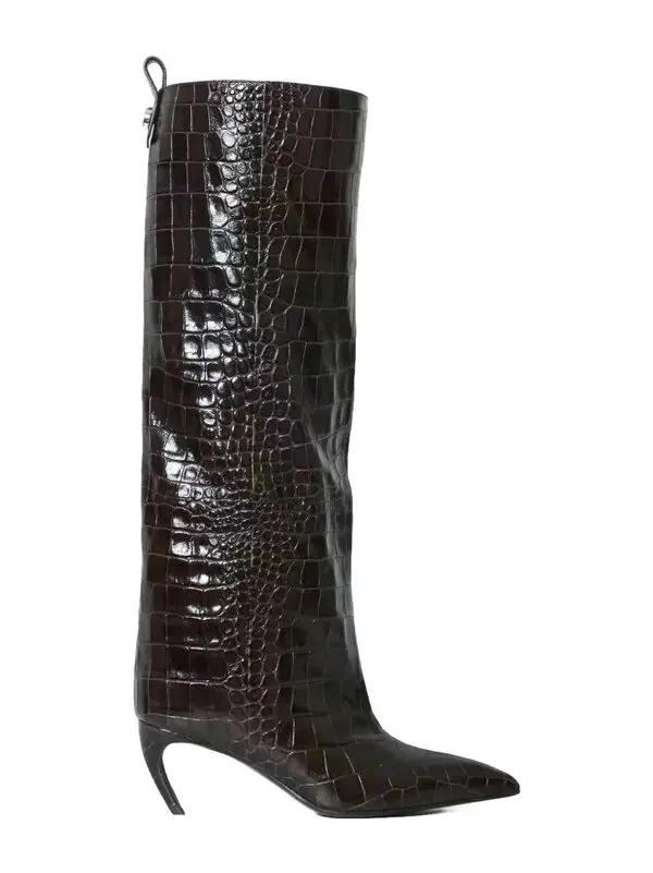 Attico Lea Croc-print Pointed Toe Knee-high Boots - Brown