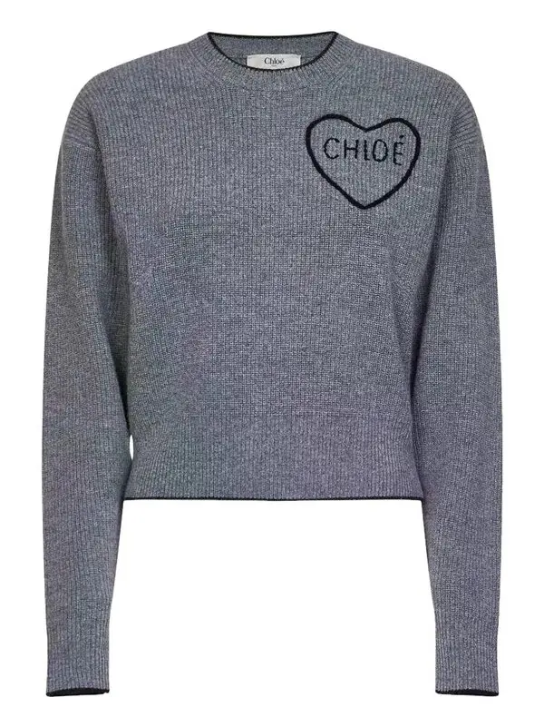 Chloé Heart Embroidered Ribbed Sweater - Grey