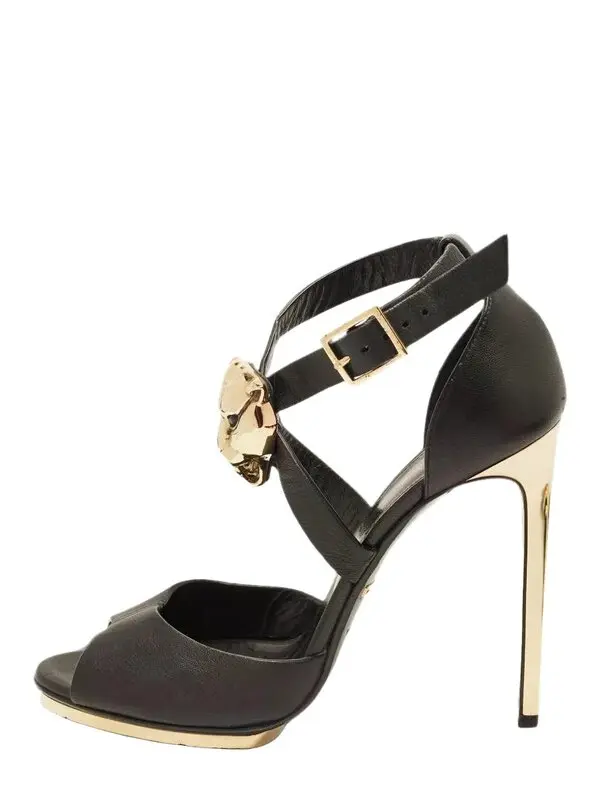 Roberto Cavalli Leather Ankle Strap Sandals With Lion Head Embellishment - Black