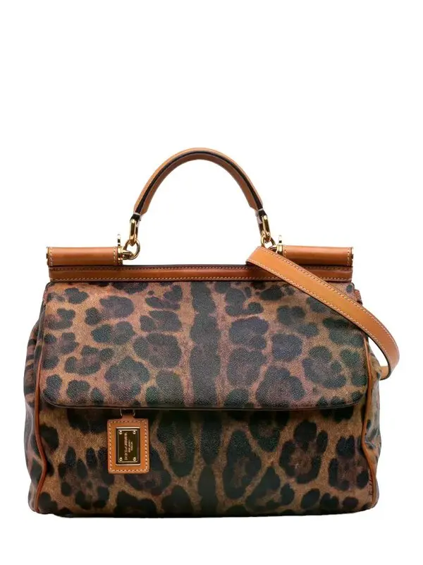 Dolce & Gabbana Leopard Print Coated Canvas Miss Sicily Satchel - Brown