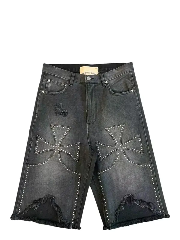 SEKRIT Chopper Studded Denim Shorts - Grey