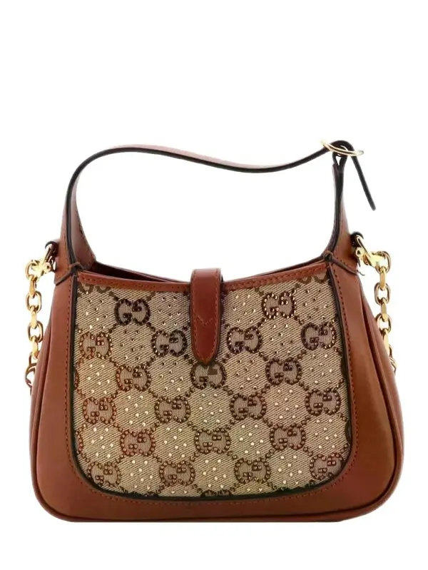 Gucci Jackie 1961 Chain Crystal Embellished Gg Canvas Mini Hobo Bag - Brown