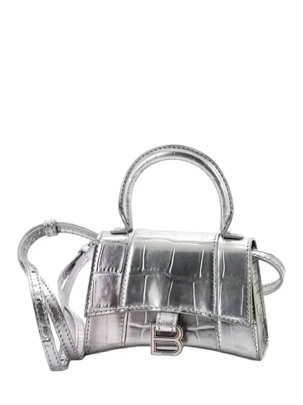 Balenciaga Hourglass Top Handle Bag Crocodile Embossed Leather Mini Crossbody Bag - Metallic