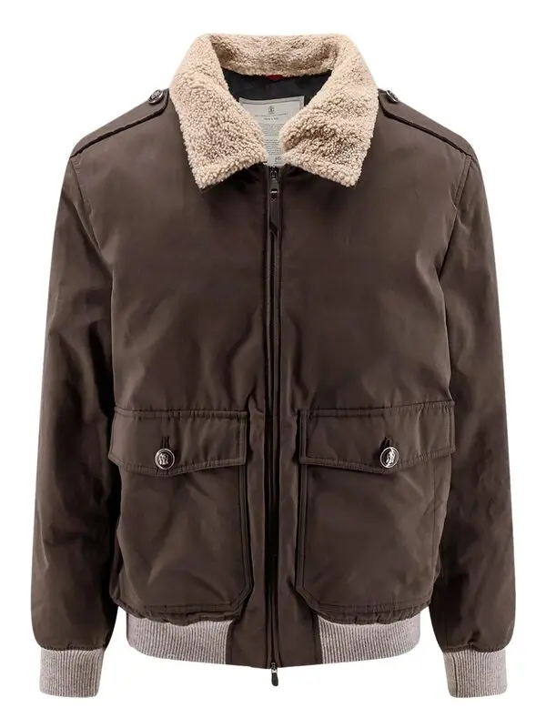Brunello Cucinelli Cotton Blend Bomber Jacket With Fur Collar - Brown