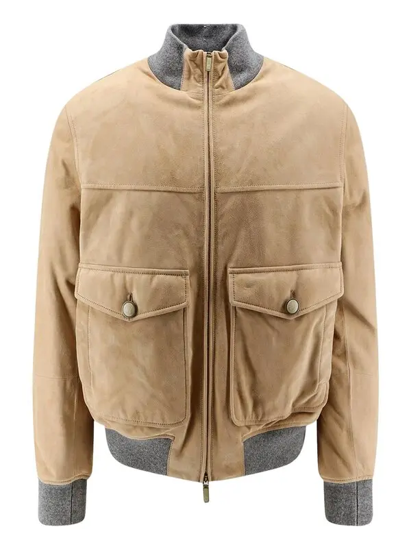 Brunello Cucinelli Padded Suede Jacket With Ribbed Cashmere Trim - Beige