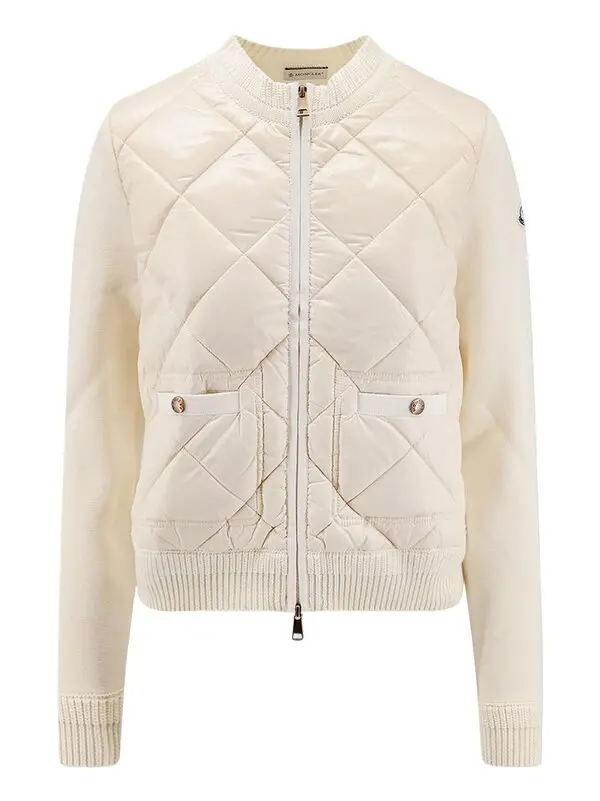 Moncler Wool And Nylon Blend Zip-up Jacket With Quilted Front And Logo Patch - White