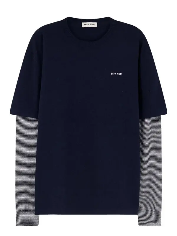 Miu Miu Virgin Wool, Cashmere, And Silk Blend Sweater With Intarsia Logo - Blue