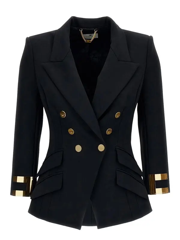 Elisabetta Franchi Double-breasted Blazer With Monogram Gold Metal Details - Black