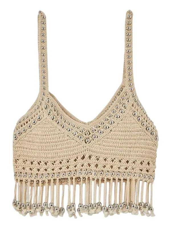 Rabanne Crocheted Cotton Camisole With Bead Embellishments And Tassels - Beige