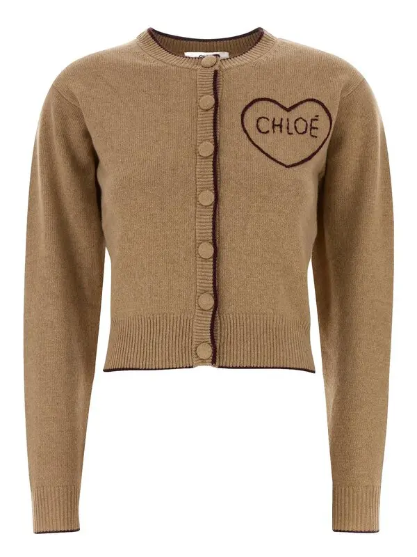 Chloé Camel Wool Blend Cardigan With Embroidered Heart Logo - Light Brown
