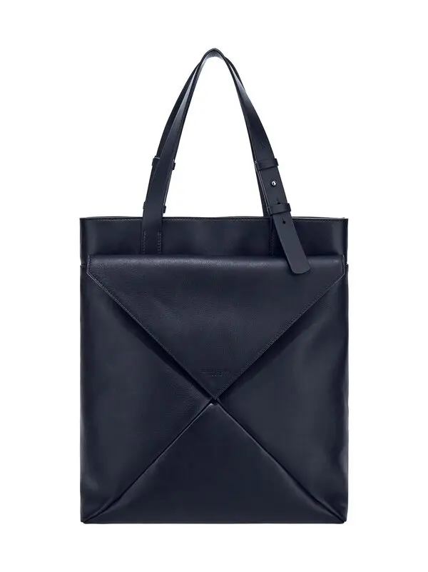 Giorgio Armani Vertical Shopper In Smooth Leather With Mosaic Effect - Black