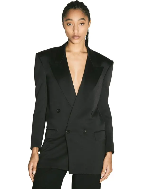 Saint Laurent Silk Satin Double-breasted Tuxedo Blazer - Black