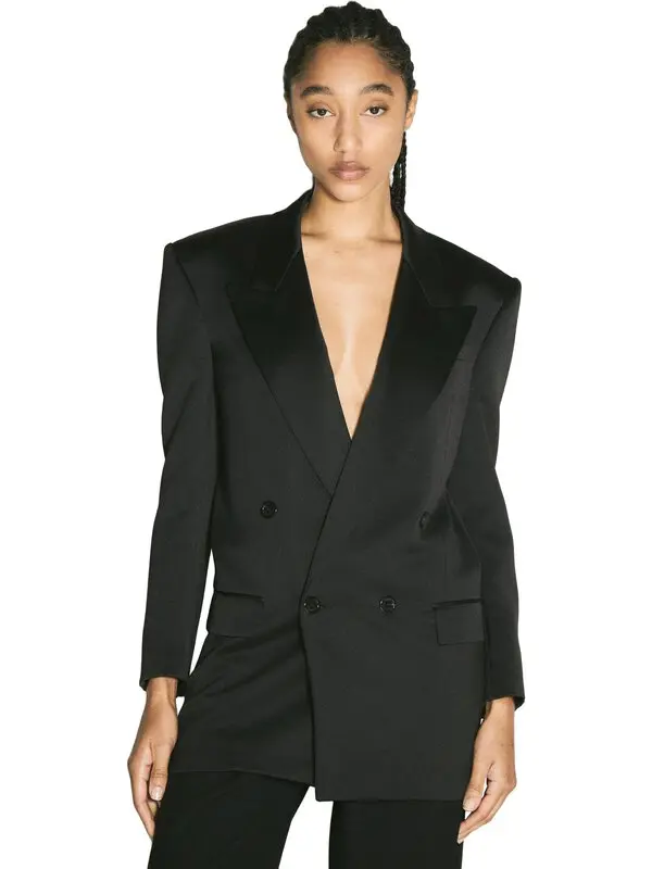 Saint Laurent Silk Satin Double-breasted Tuxedo Blazer - Black