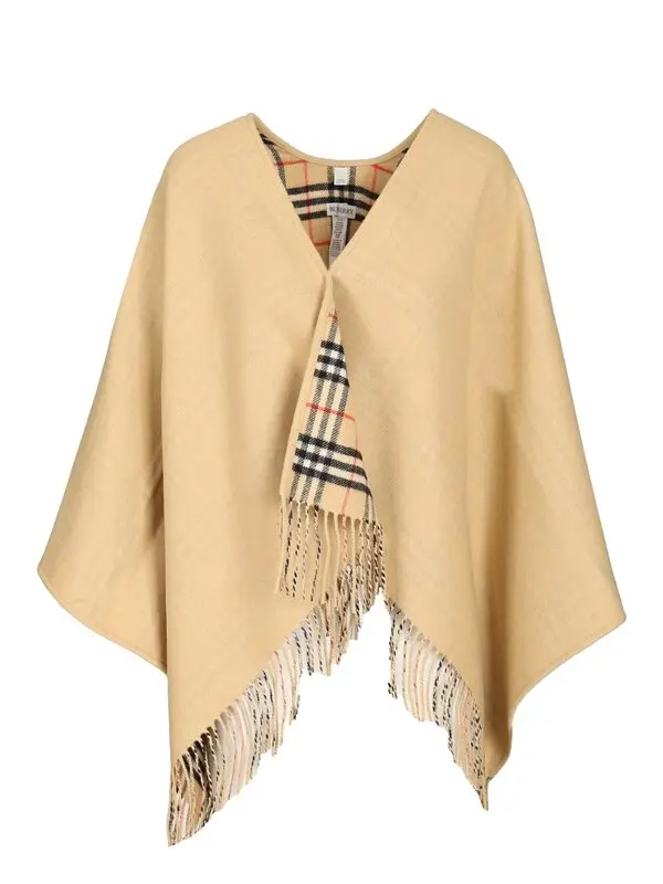 Burberry Reversible Wool Cape With Check Detail And Fringes - Cream