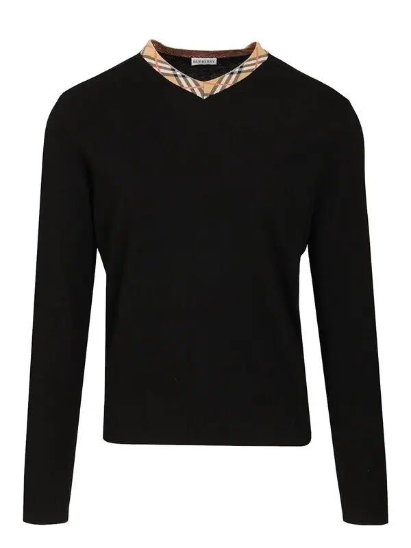 Burberry Maxim Mrn V-neck Knitwear With Check Detail - Black