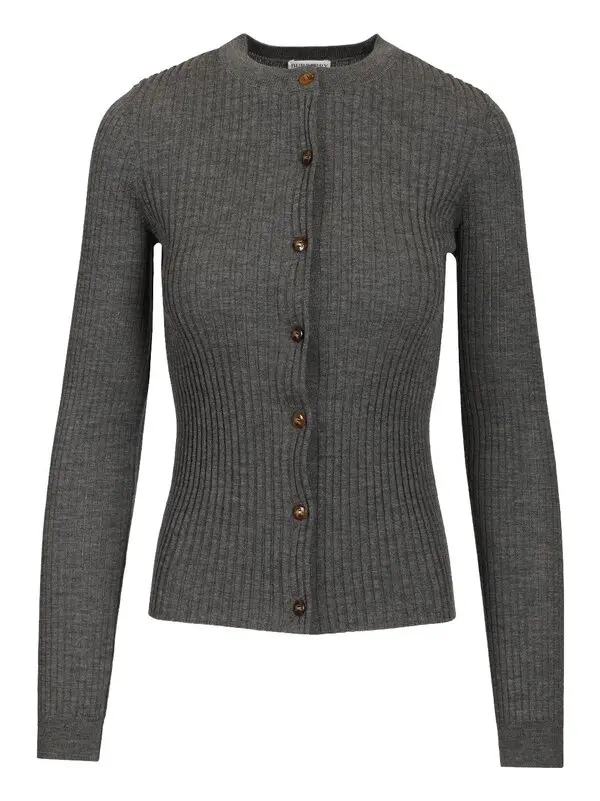 Burberry Ribbed Cashmere Crewneck Cardigan - Gray