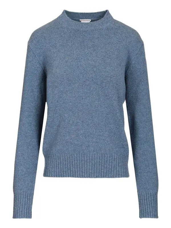 Bottega Veneta Medium Weight Cashmere Sweater With Woven Leather Elbow Patches - Blue