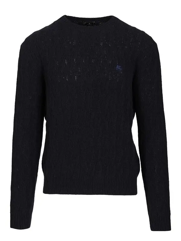 Etro Cashmere Crew Neck Sweater With Embroidered Pegasus - Blue