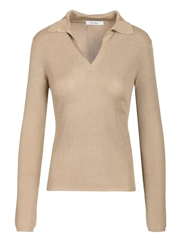 Max Mara Knitted Polo Collar V-neck Top In Silk And Cashmere Blend - Cream