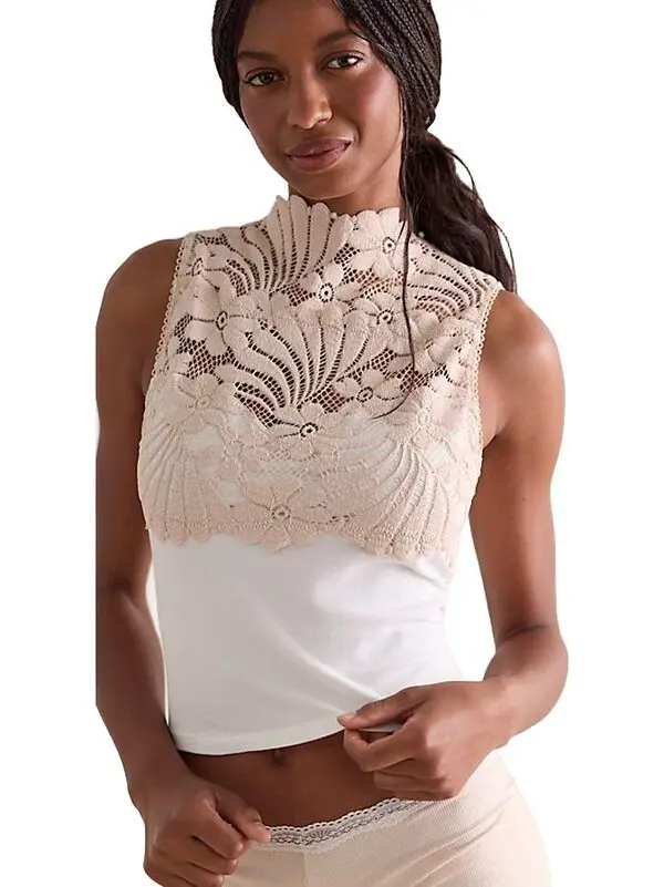 Free People Lace Mock Neck Cropped Tank - Sugar Combo