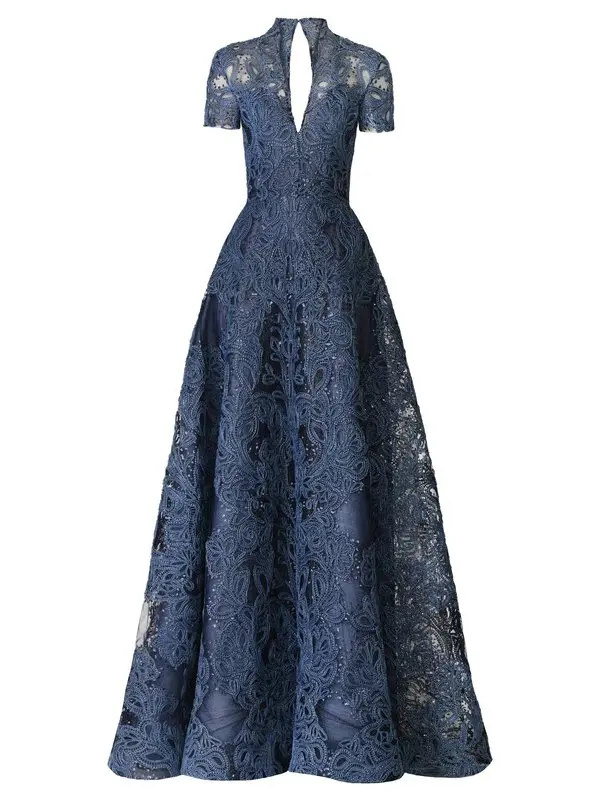 Naeem Khan Raffia V-neck Cap Sleeve Gown - Navy