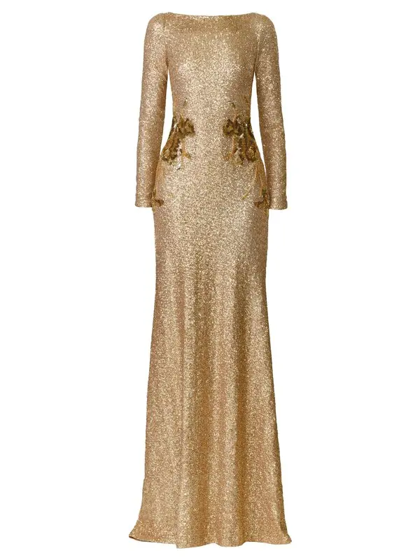 Naeem Khan Long Sleeve Sequin Gown With Hand-beaded Applique - Gold
