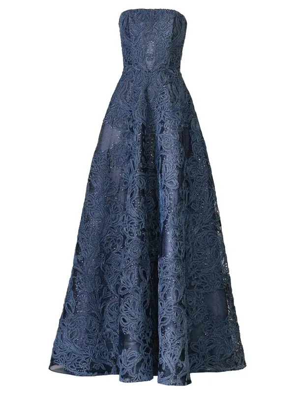 Naeem Khan Strapless Raffia Gown - Navy