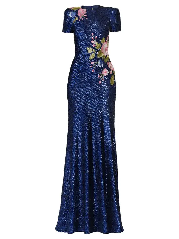 Naeem Khan Stretch Sequin Cap Sleeve Gown With Floral Appliqu - Blue