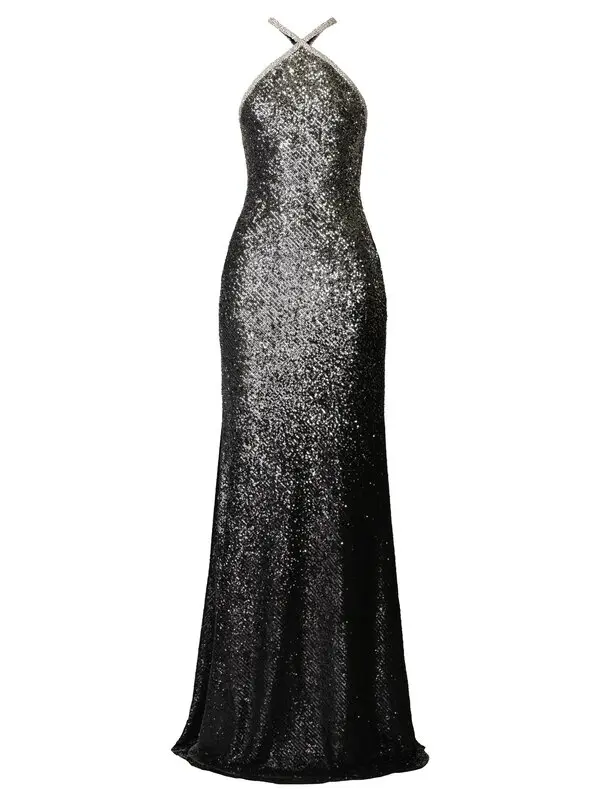 Naeem Khan Ombre Halter Sequin Gown With Crystal Trim - Black