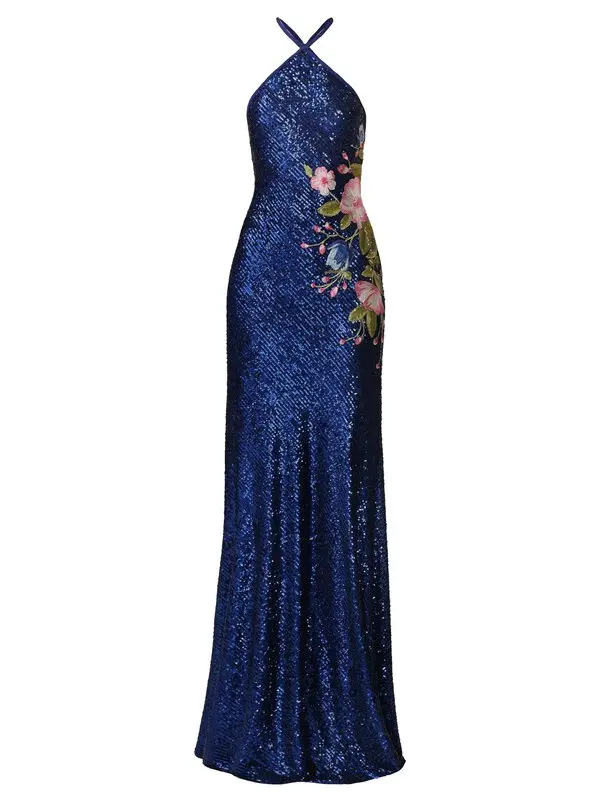 Naeem Khan Halterneck Stretch Sequin Gown With Floral Applique - Blue