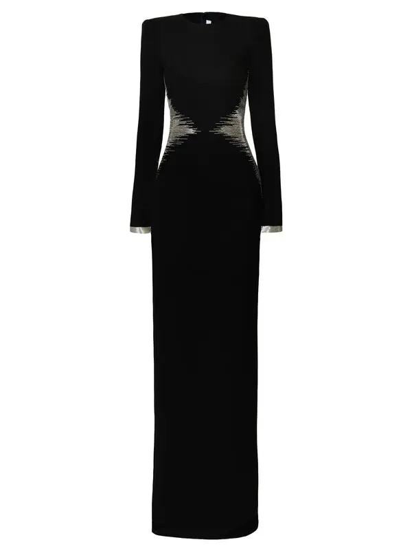 Naeem Khan Beaded Waist Long Sleeve Crepe Column Gown - Black
