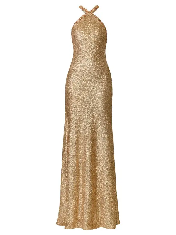 Naeem Khan Halterneck Stretch Sequin Gown With Crystal Trim - Gold