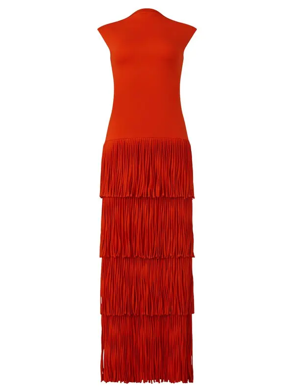 DAR ZÉRO STUDIO Fringed Neoprene Maxi Dress - Red