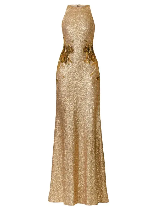 Naeem Khan Halterneck Stretch Sequin Gown With Hand-beaded Applique - Gold