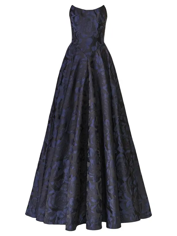 Naeem Khan Floral Jacquard Bustier Strapless Gown - Navy