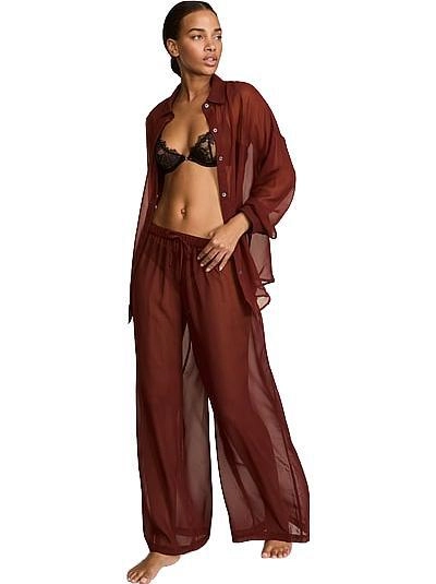 Victoria's Secret Sheer Chiffon Pleated Wide-leg Pants - Brown