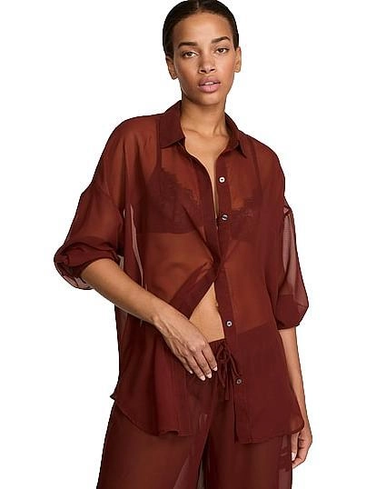 Victoria's Secret Sheer Chiffon Button-front Shirt - Brown