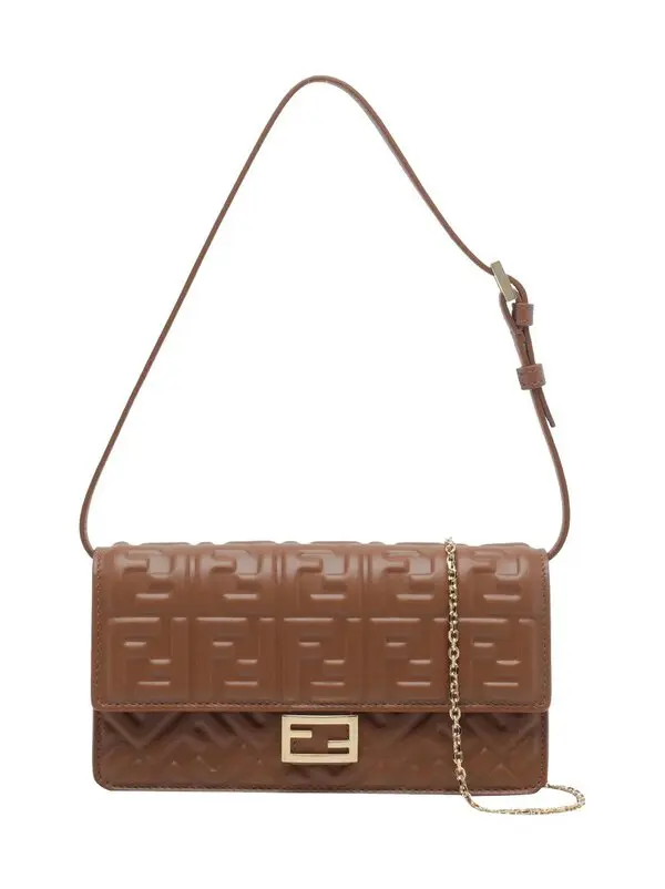 Fendi Nappa Sellier Baguette Wallet On Chain With Ff Motif - Brown