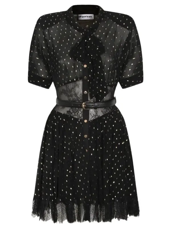 SELF-PORTRAIT Lace Belted Midi Dress - Black