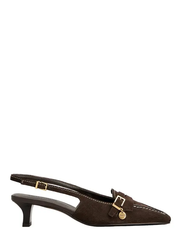 TOD'S Suede Slingback Pumps With Kitten Heel - Brown
