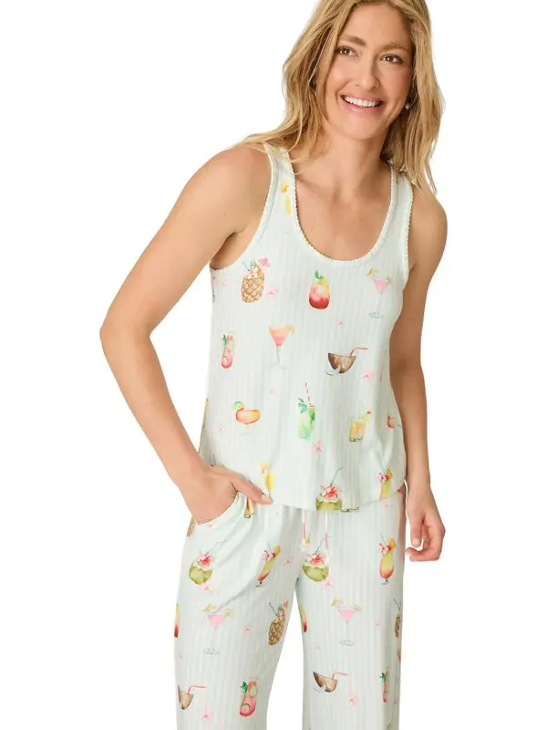 PJ Salvage Cocktail Print Sleep Tank - Light Aqua