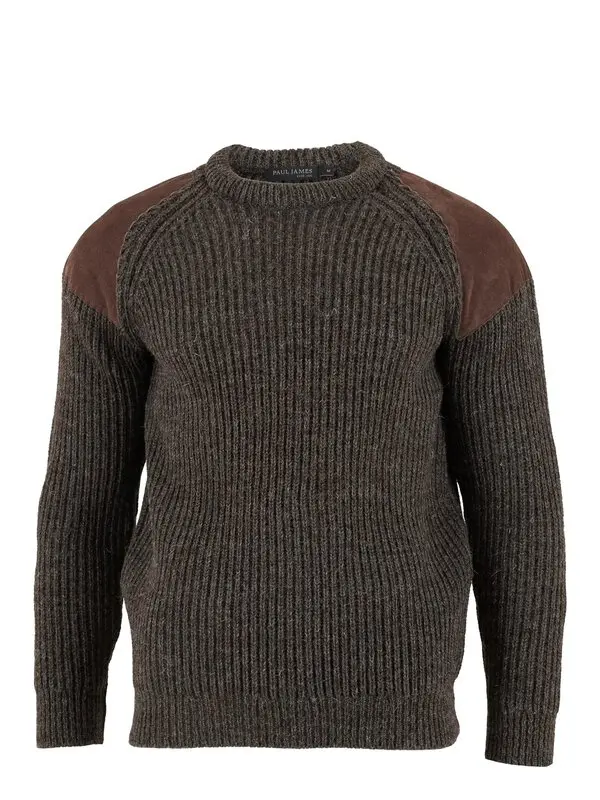 PAUL JAMES KNITWEAR Hardy Ribbed Wool Jumper With Suede Patches - Brown