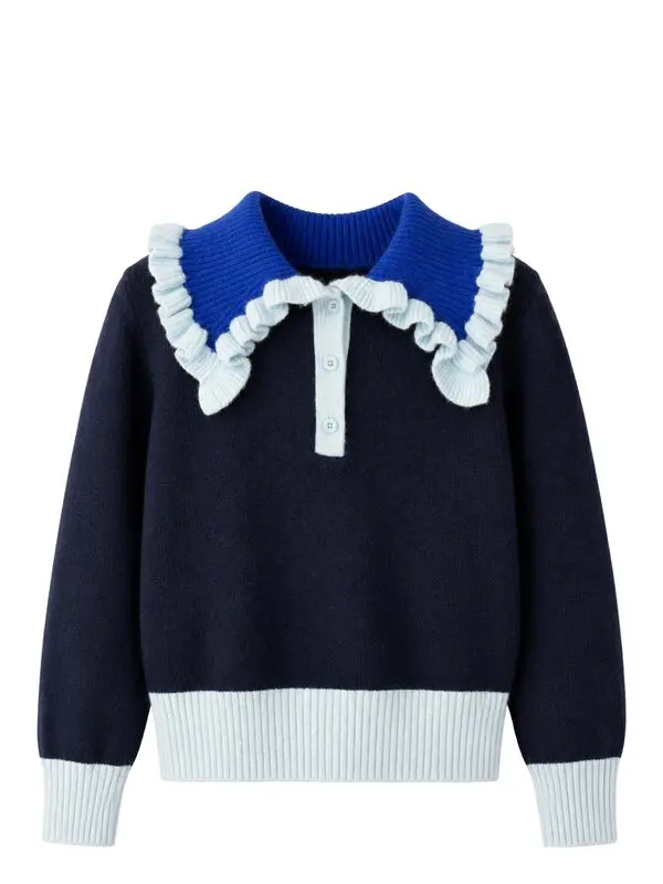 Mind Traveler Navy Knitted Sweater With Contrasting Double-layered Polo Collar And Ruffle Detail - Blue
