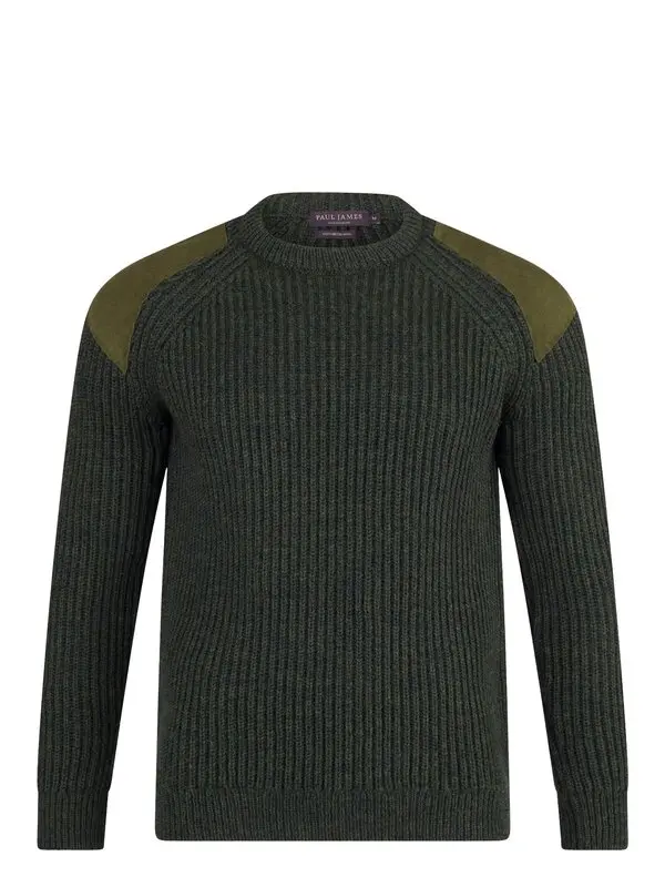 PAUL JAMES KNITWEAR Chunky British Wool Ribbed Shooting Jumper - Green