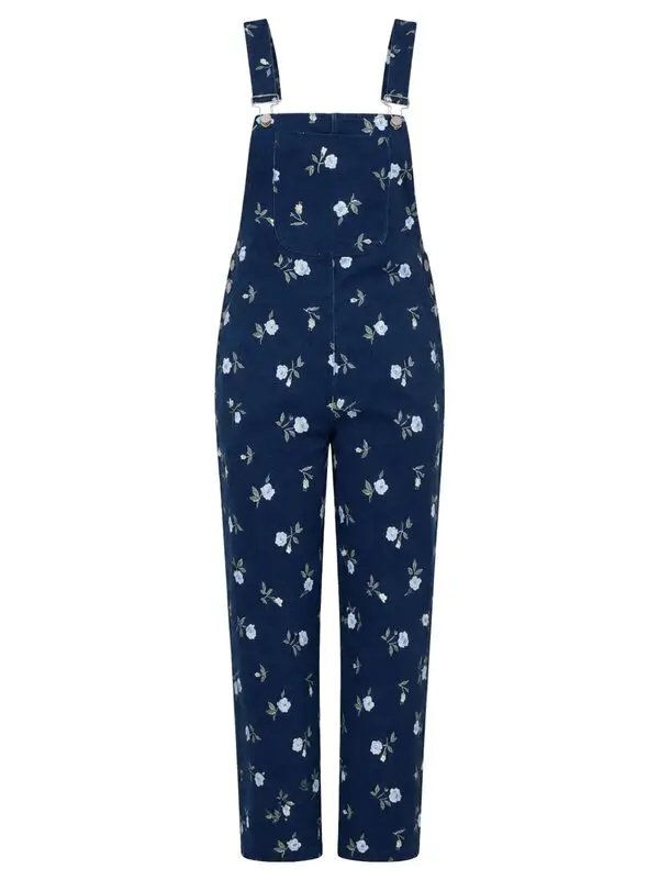 MIND TRAVELER Navy Floral Print Cotton Dungarees - Blue