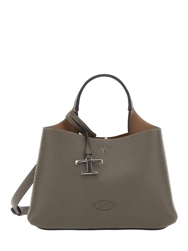 TOD'S Leather Handbag With Adjustable Shoulder Strap And T Plate Detail - Gray